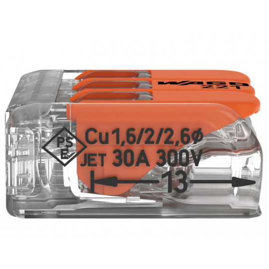 Borne WAGO 221 3x6mm² à leviers souple & rigide - Wago | 221-613